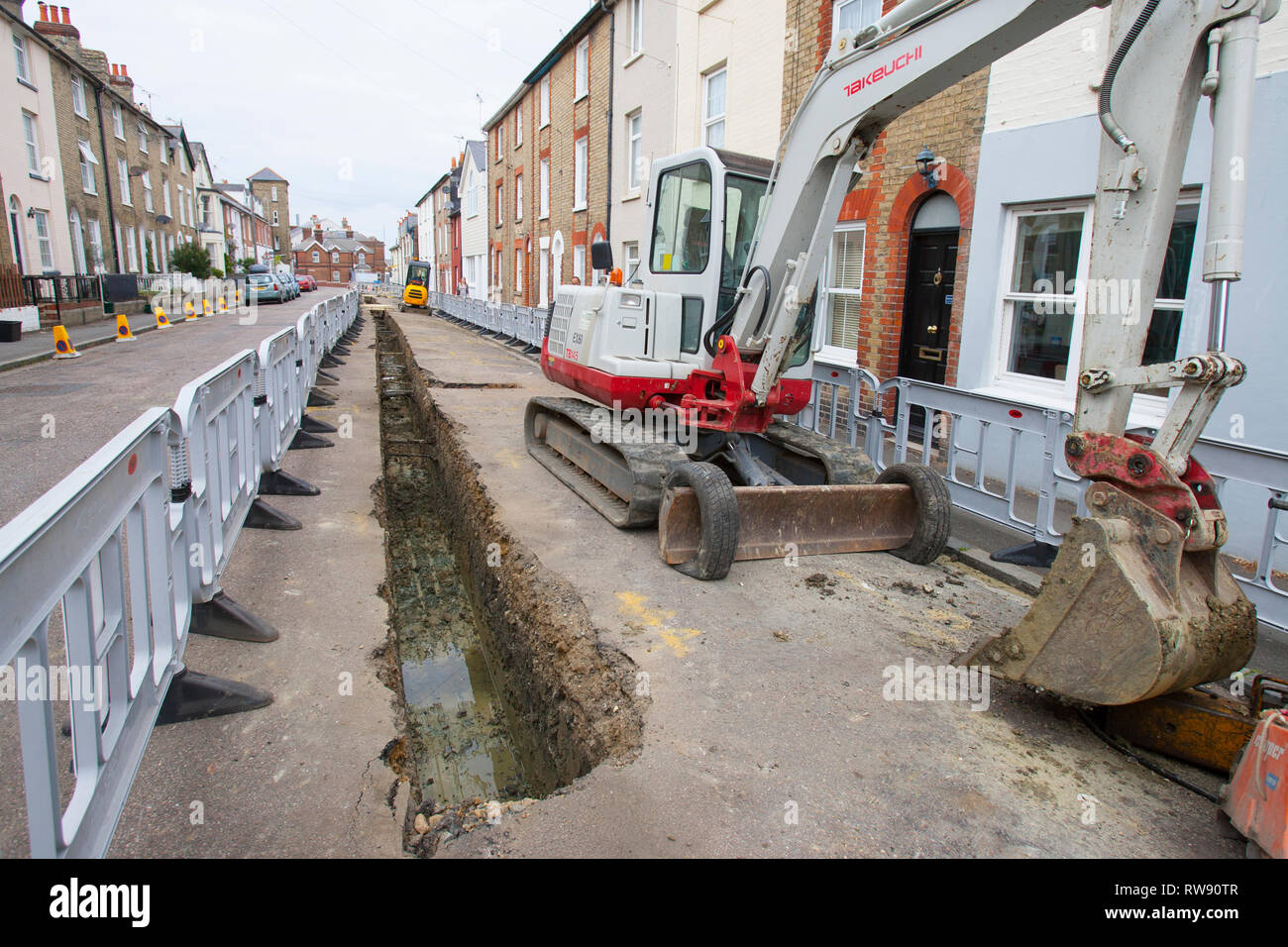 gas, road, works, street, trench, dig, digger, pipes, supply, barrier ...
