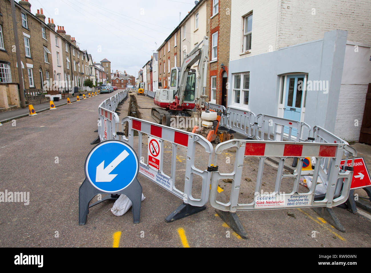 gas, road, works, street, trench, dig, digger, pipes, supply, barrier ...