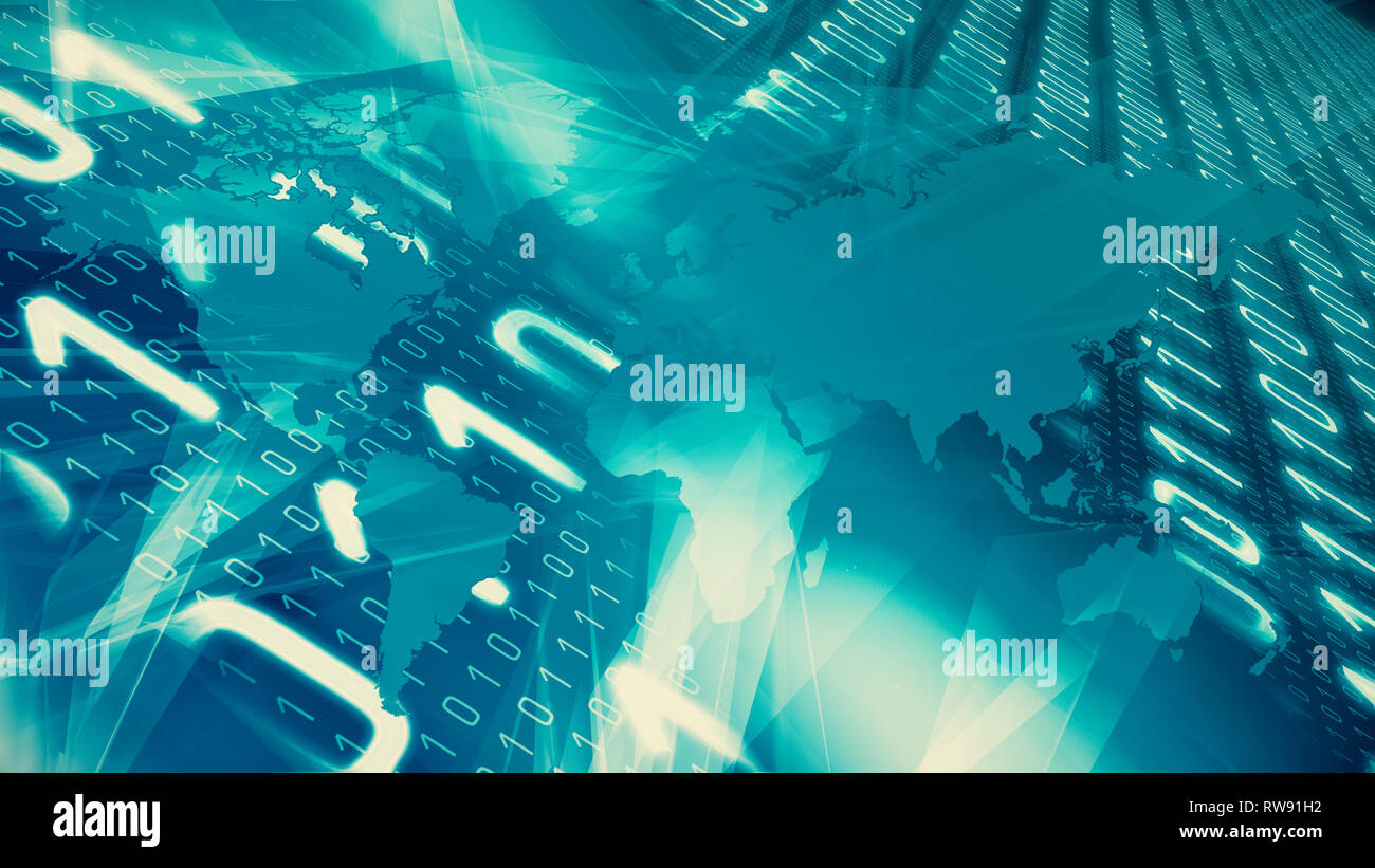 Binary code and world map, global cyber network Stock Photo - Alamy
