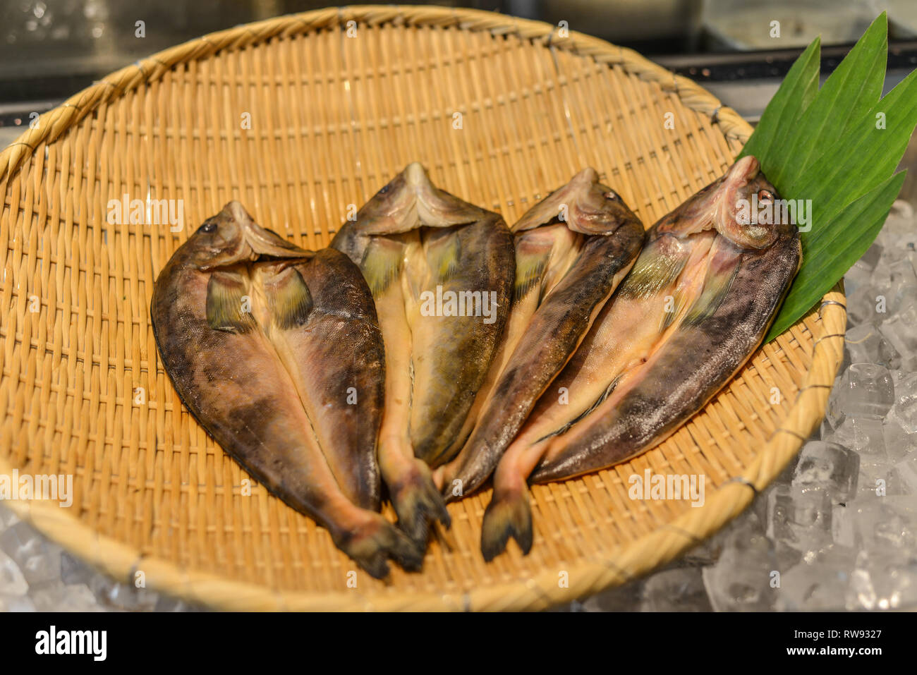 Fresh fish on bamboo basket at luxury restaurant in Kyoto, Japan Stock ...