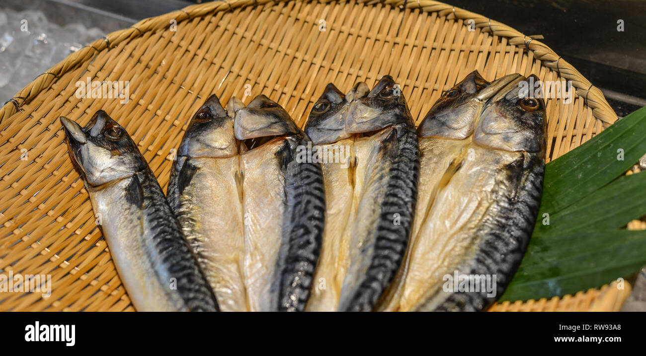 Fresh fish on bamboo basket at luxury restaurant in Kyoto, Japan Stock ...