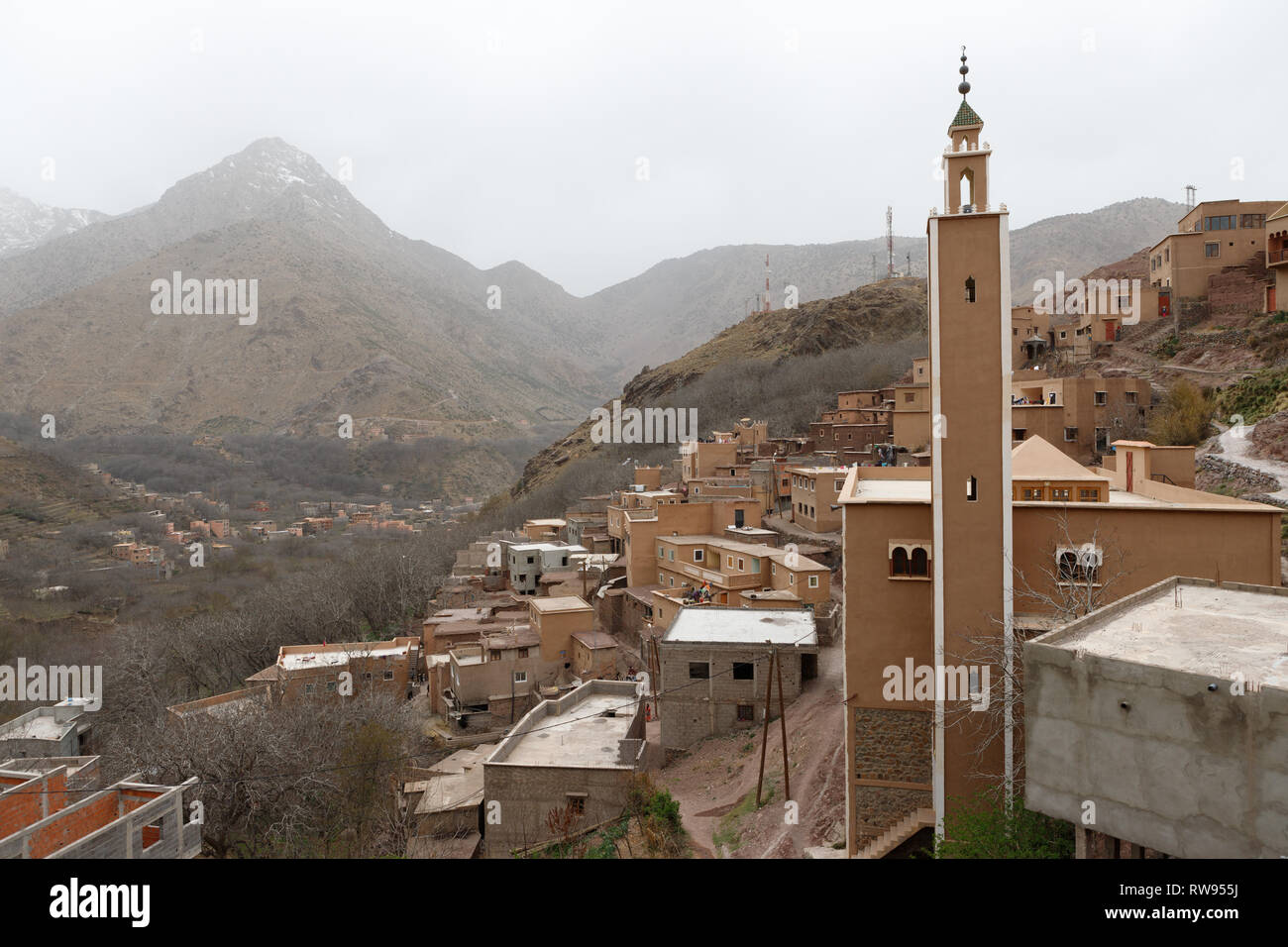 View onto the Moroccan village of Imlil and its mosque with snow ...