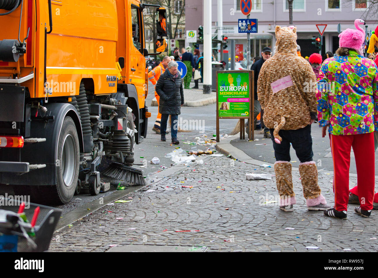 Wurzburg, Germany - 3 March 2019: workers cleaning dirty roads and city ...