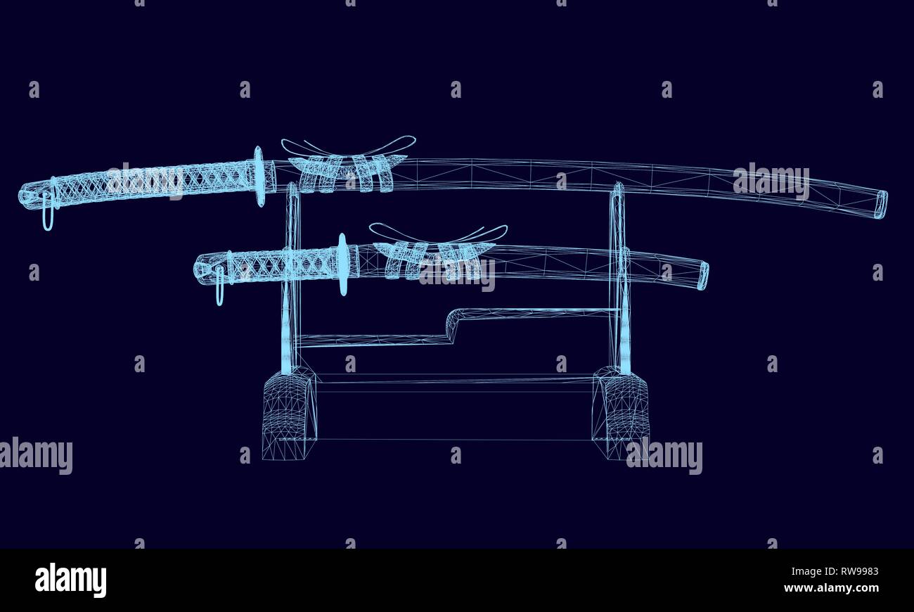 Vector illustration of a katana on a stand. Wireframe katanas on a dark ...