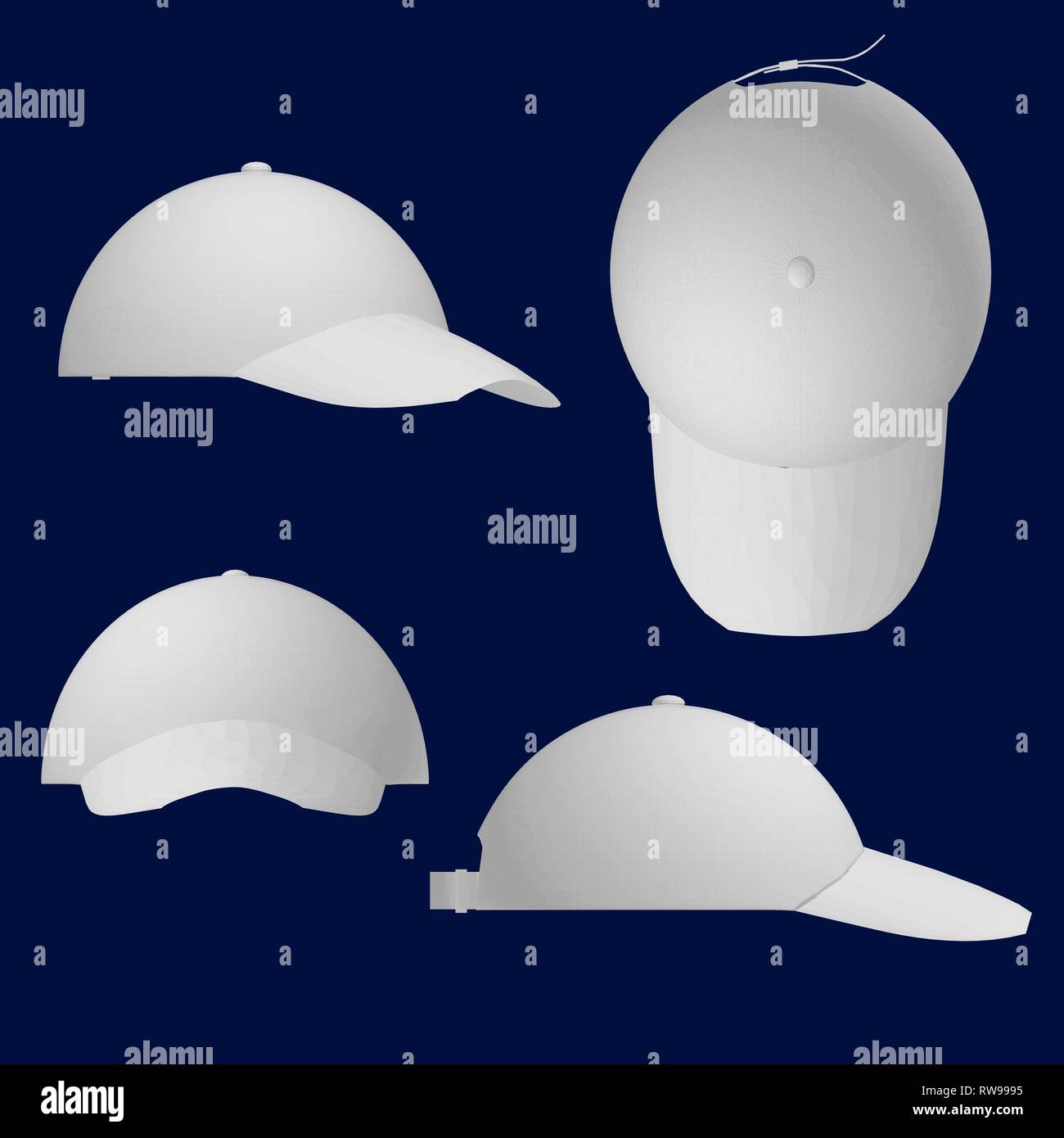 Set with white summer caps with peaks. Side, front, top, isometric view ...