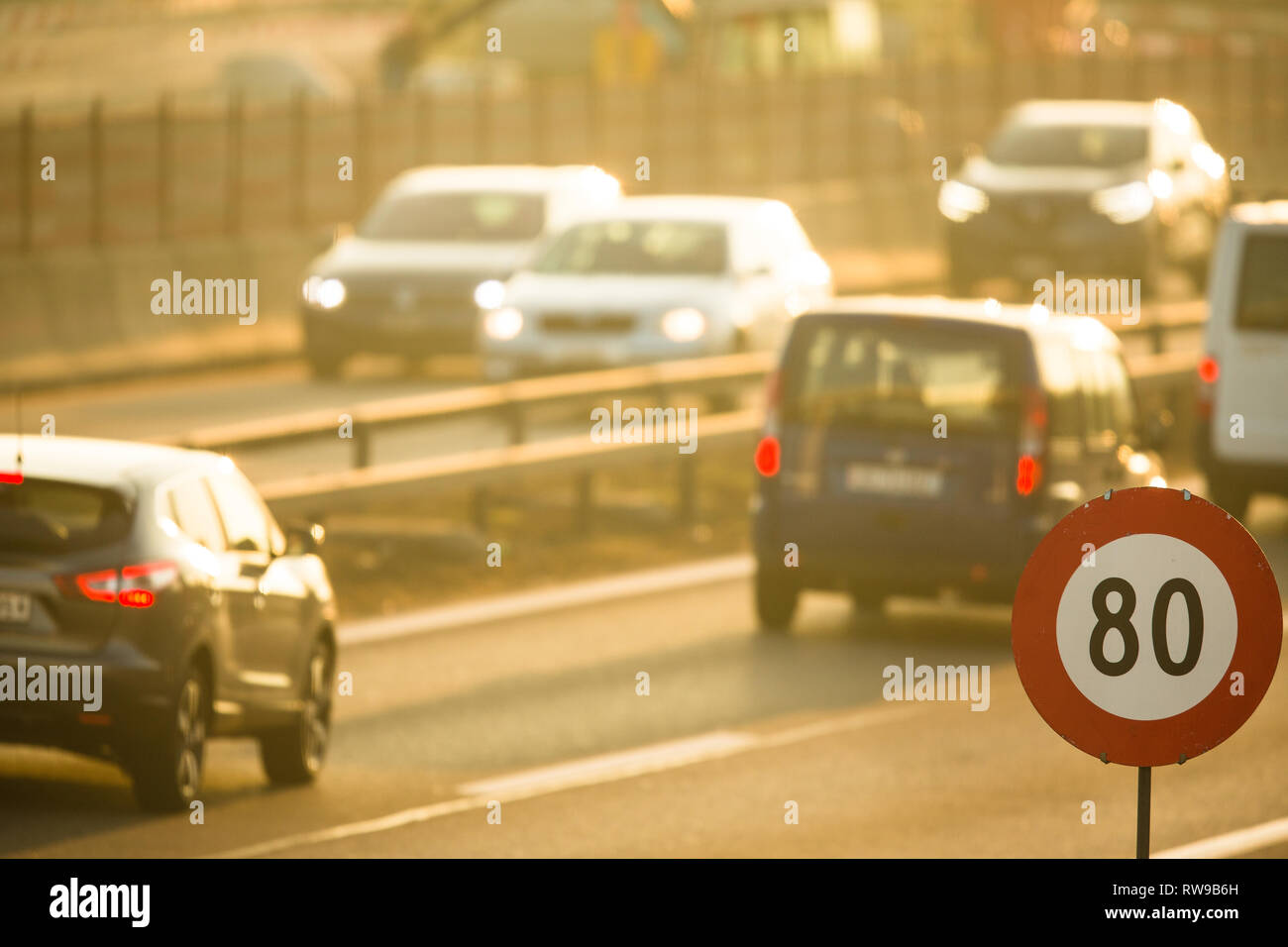 Heavy morning city traffic/congestion concept - cars going very slowly ...