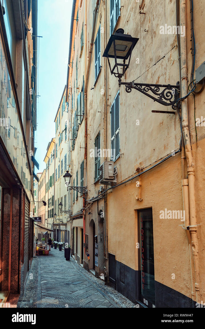 San Remo, Italy, September 18, 2018: Impression of the narrow street ...