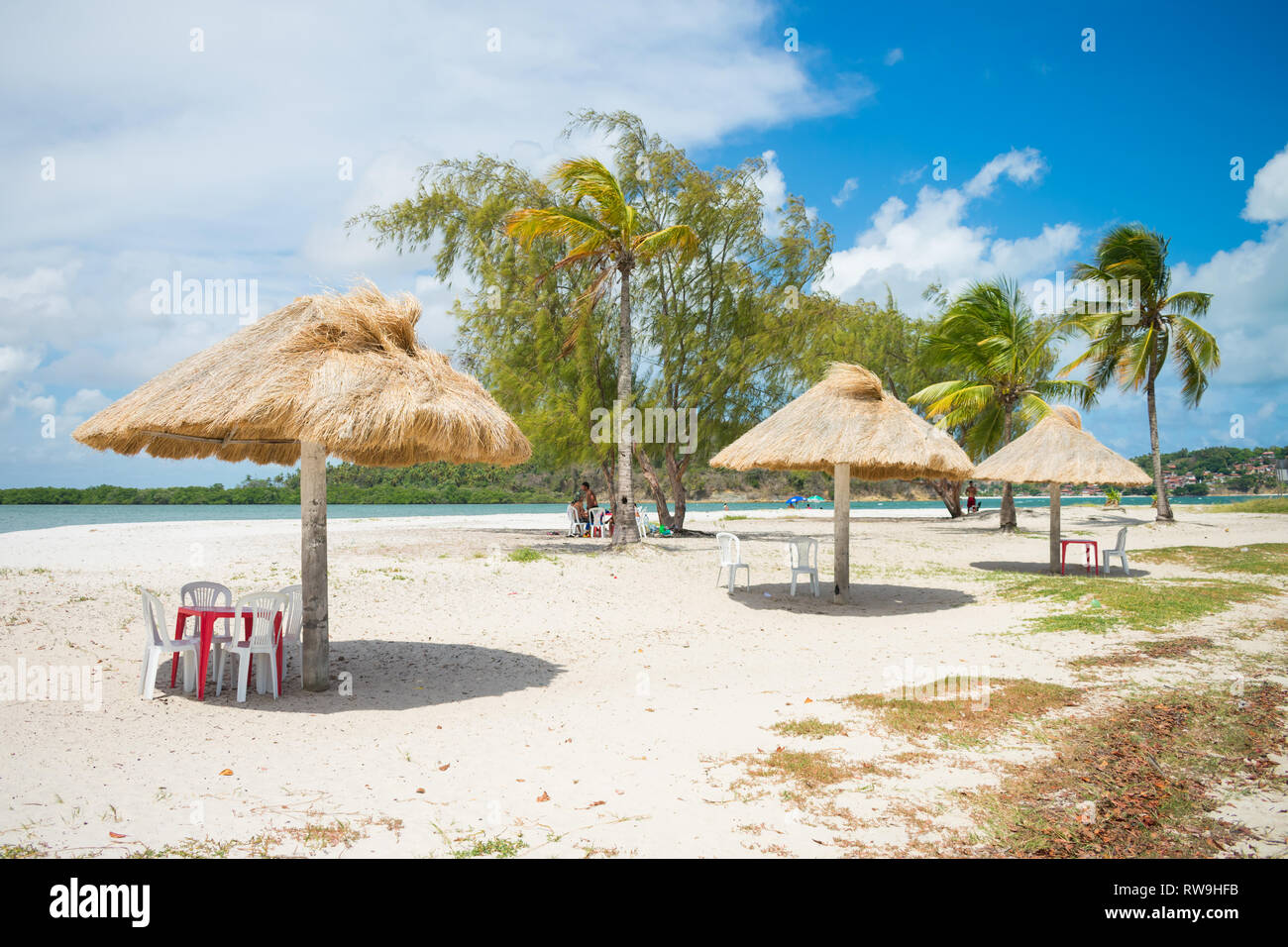 Beach bar at Pontal da Ilha beach, at the north tip of Itamaraca island ...