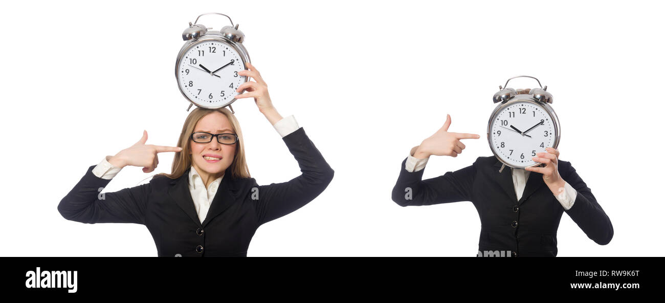 Pretty office employee with alarm clock isolated on white Stock Photo ...
