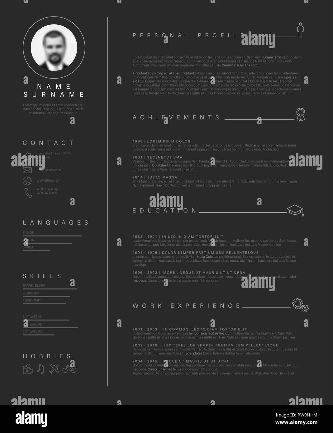 Vector minimalist dark cv / resume template with nice typogrgaphy ...