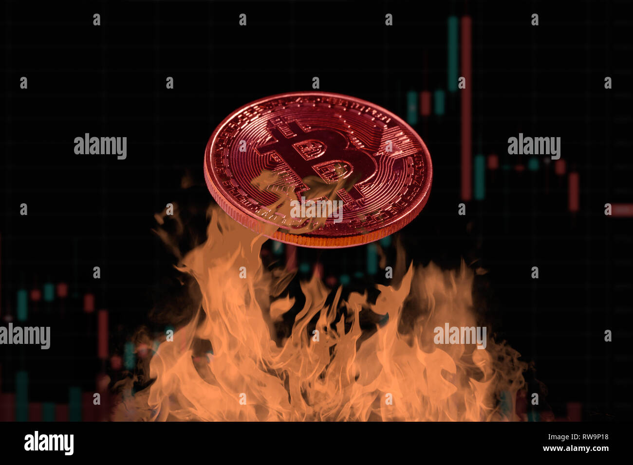 Bitcoin coin toasted on fire with candlestick chart as background Stock ...