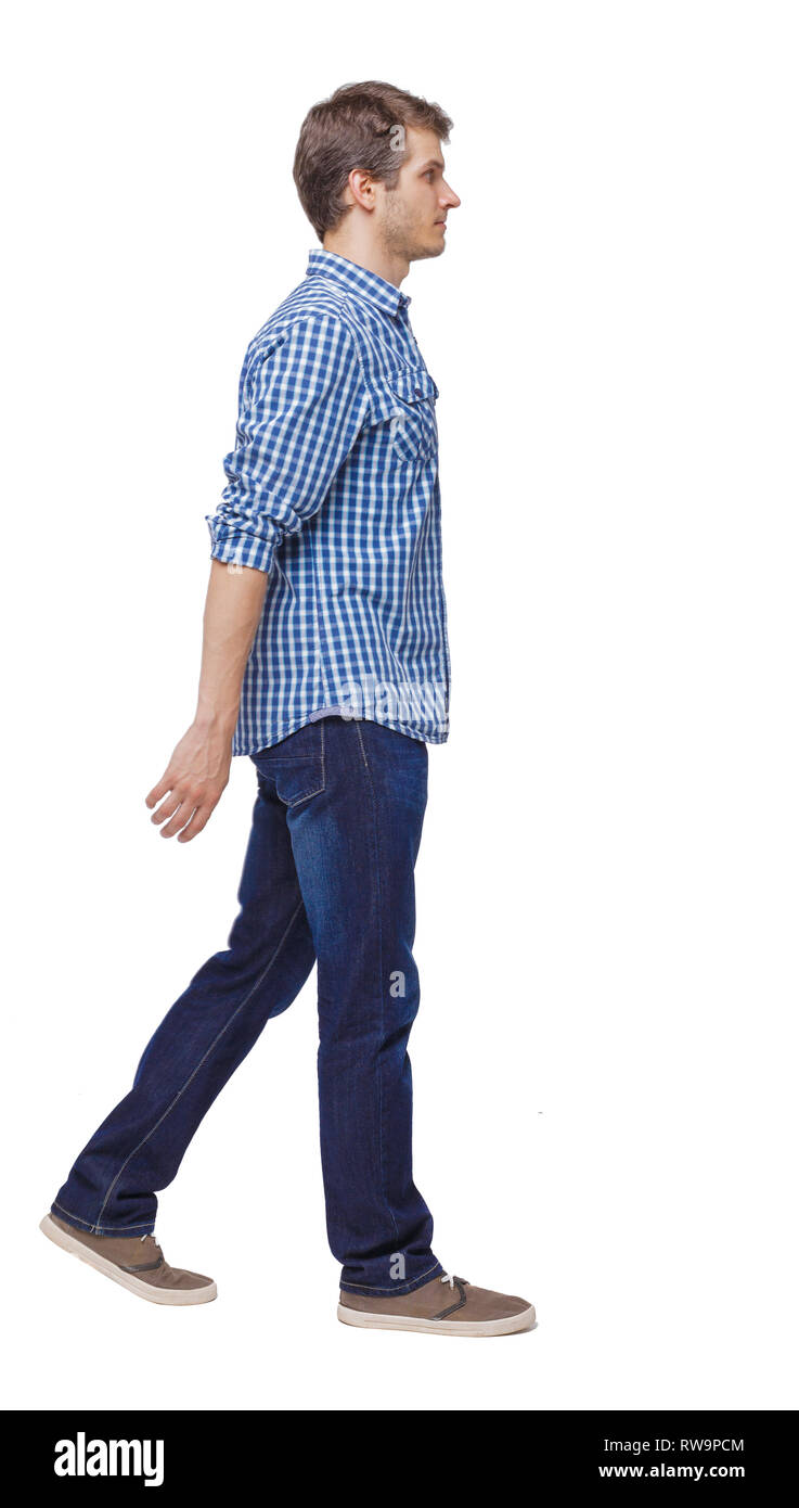 Side view of going handsome man. walking young guy . Rear view people ...