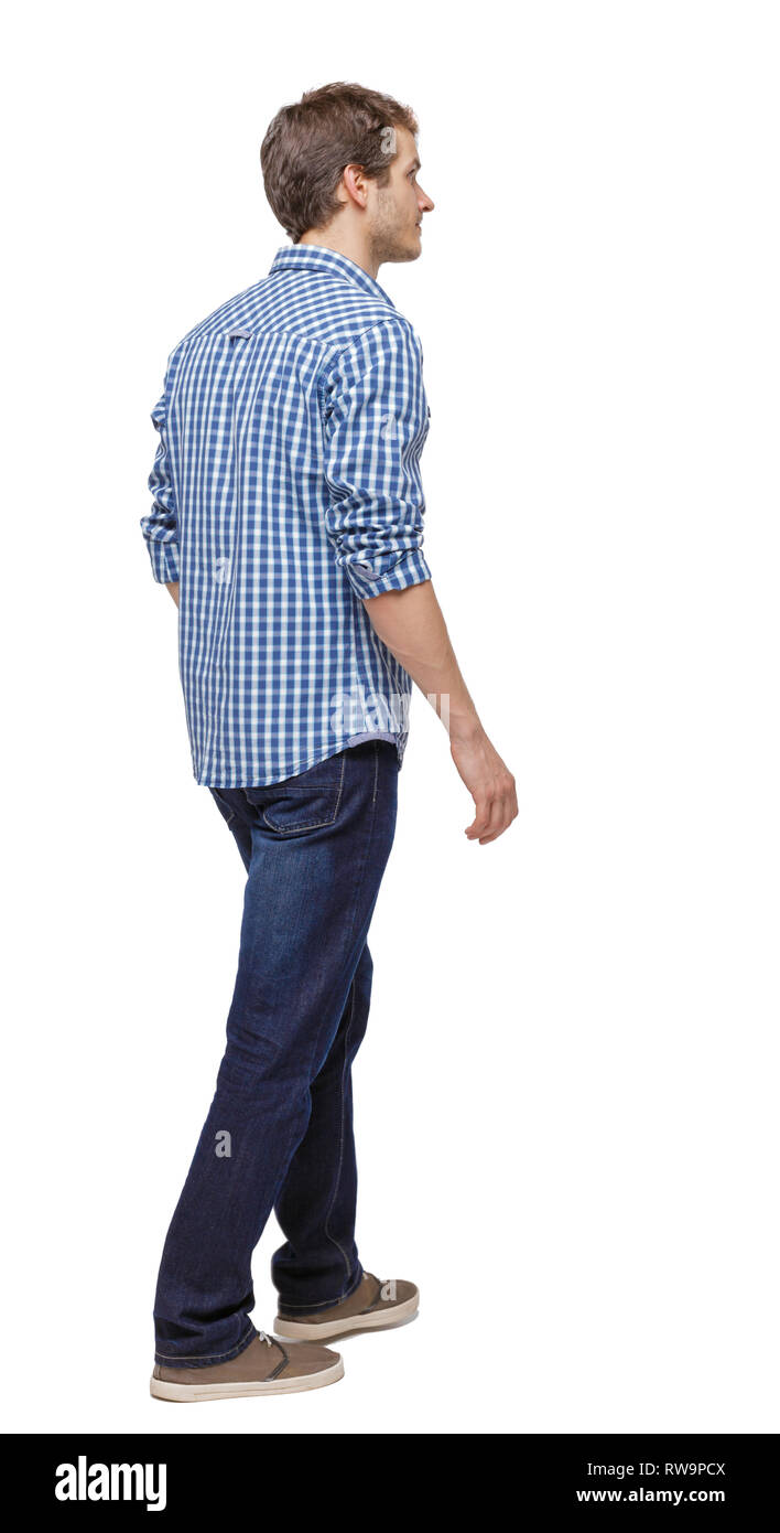 Side view of going handsome man. walking young guy . Rear view people ...
