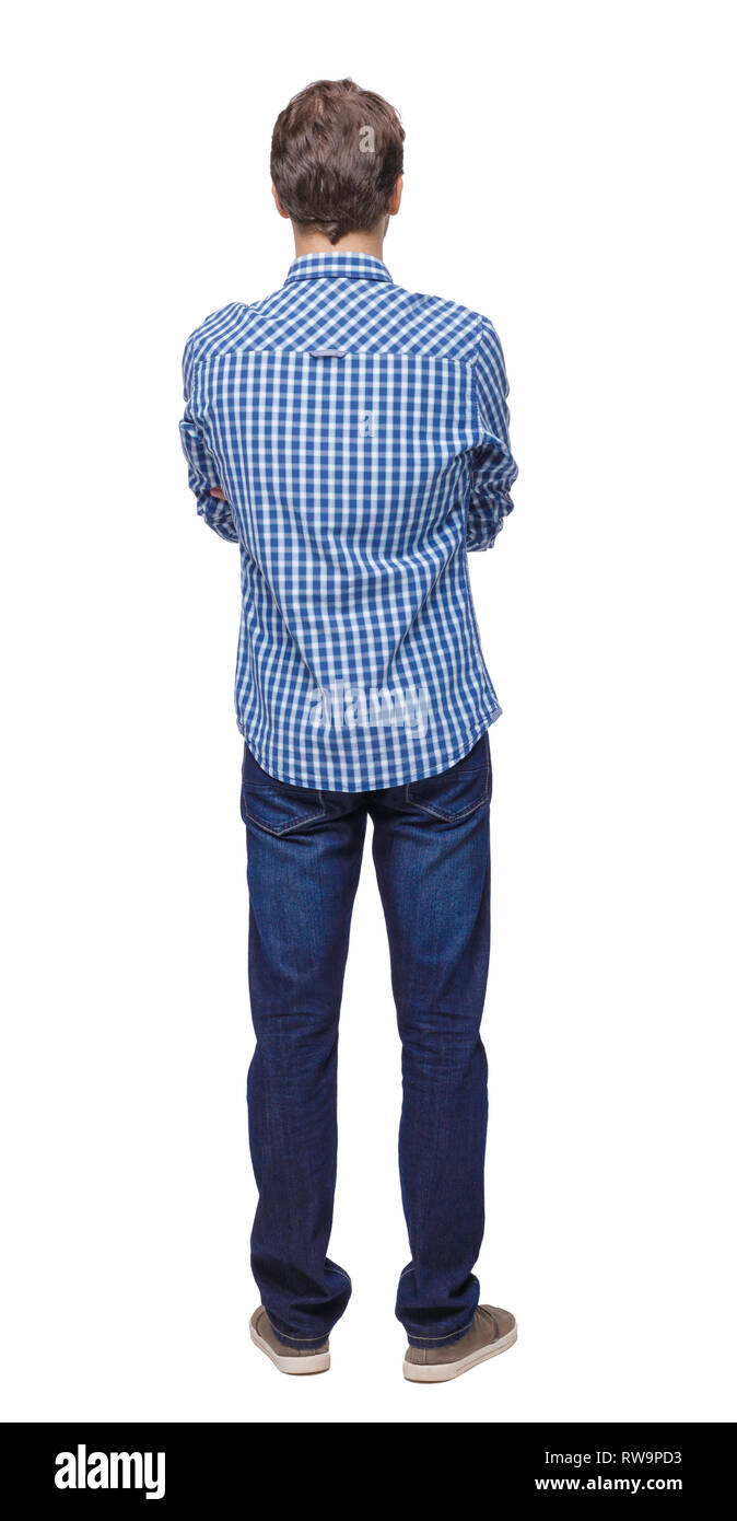 Back view of man in dark jeans. Standing young guy. Rear view people ...