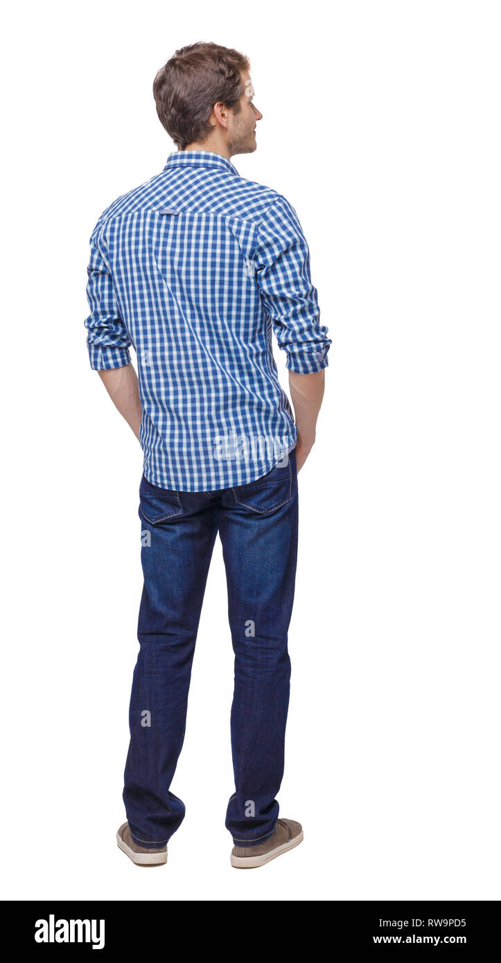 Back view of man in dark jeans. Standing young guy. Rear view people ...
