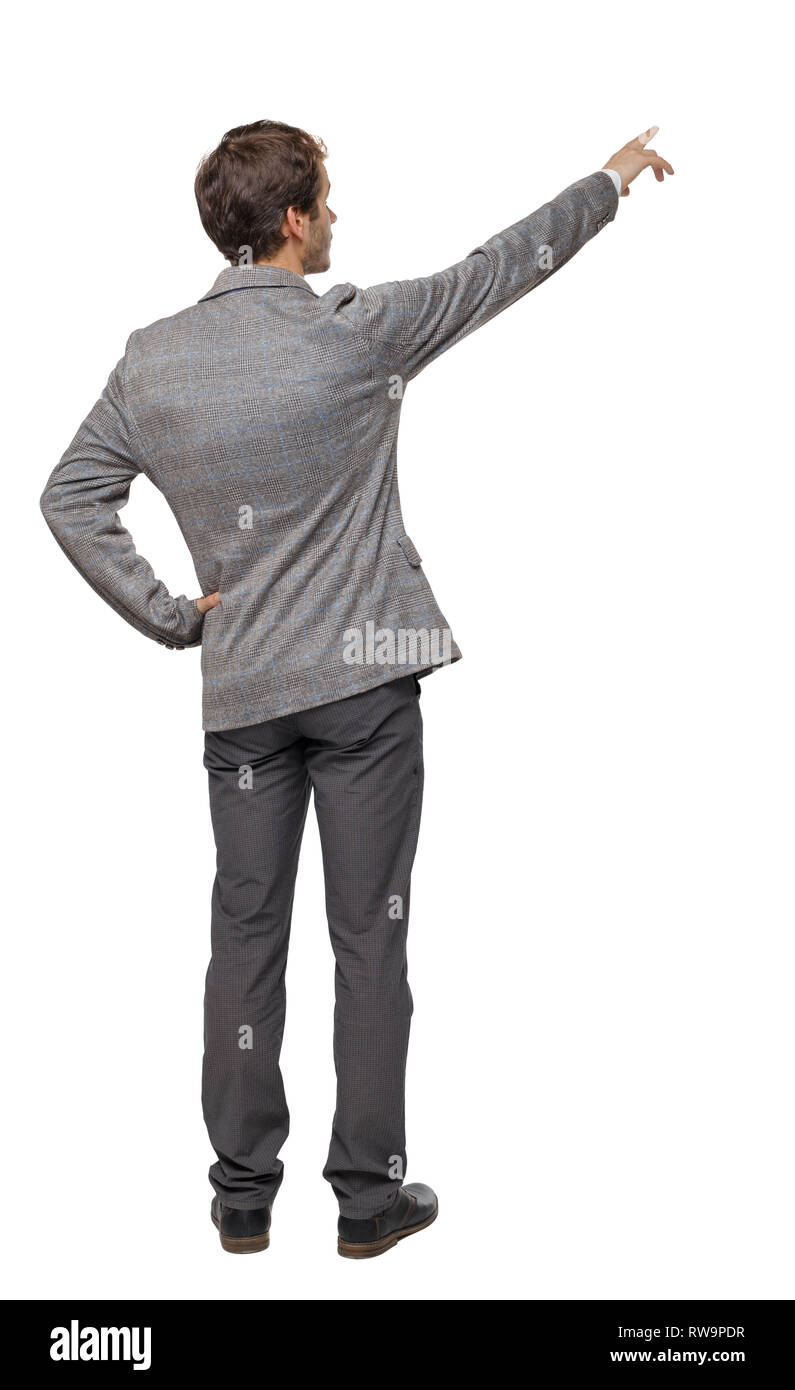 Back view of pointing business man. gesticulating young guy in black ...