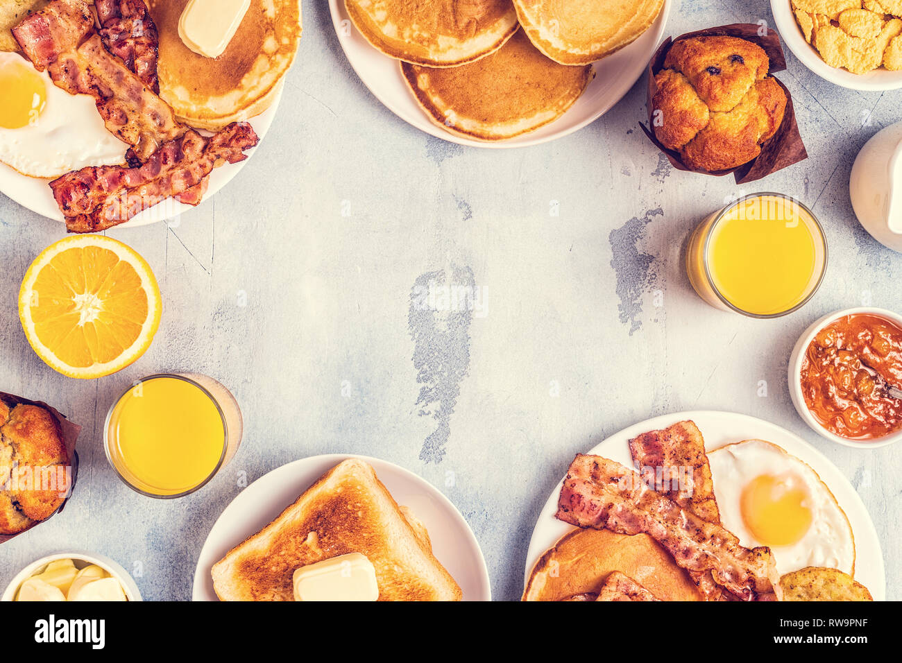 Healthy Full American Breakfast with Eggs Bacon Pancakes and Latkes ...