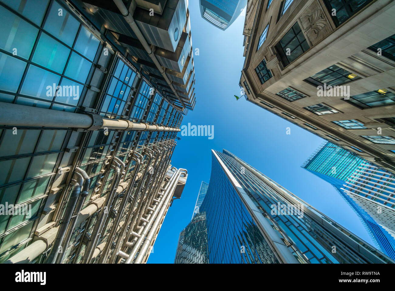 LONDON, UK - FEBRUARY 23, 2019: Upward view of modern skyscrapers in ...