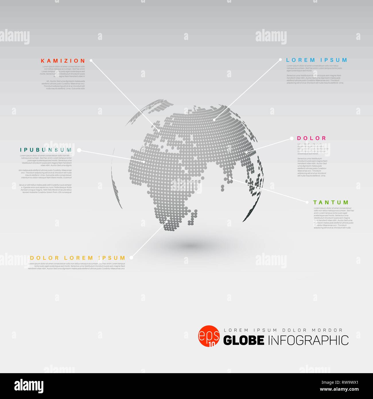 World map globe with pointer marks - light version, with colorful labels. Modern world map globe ...