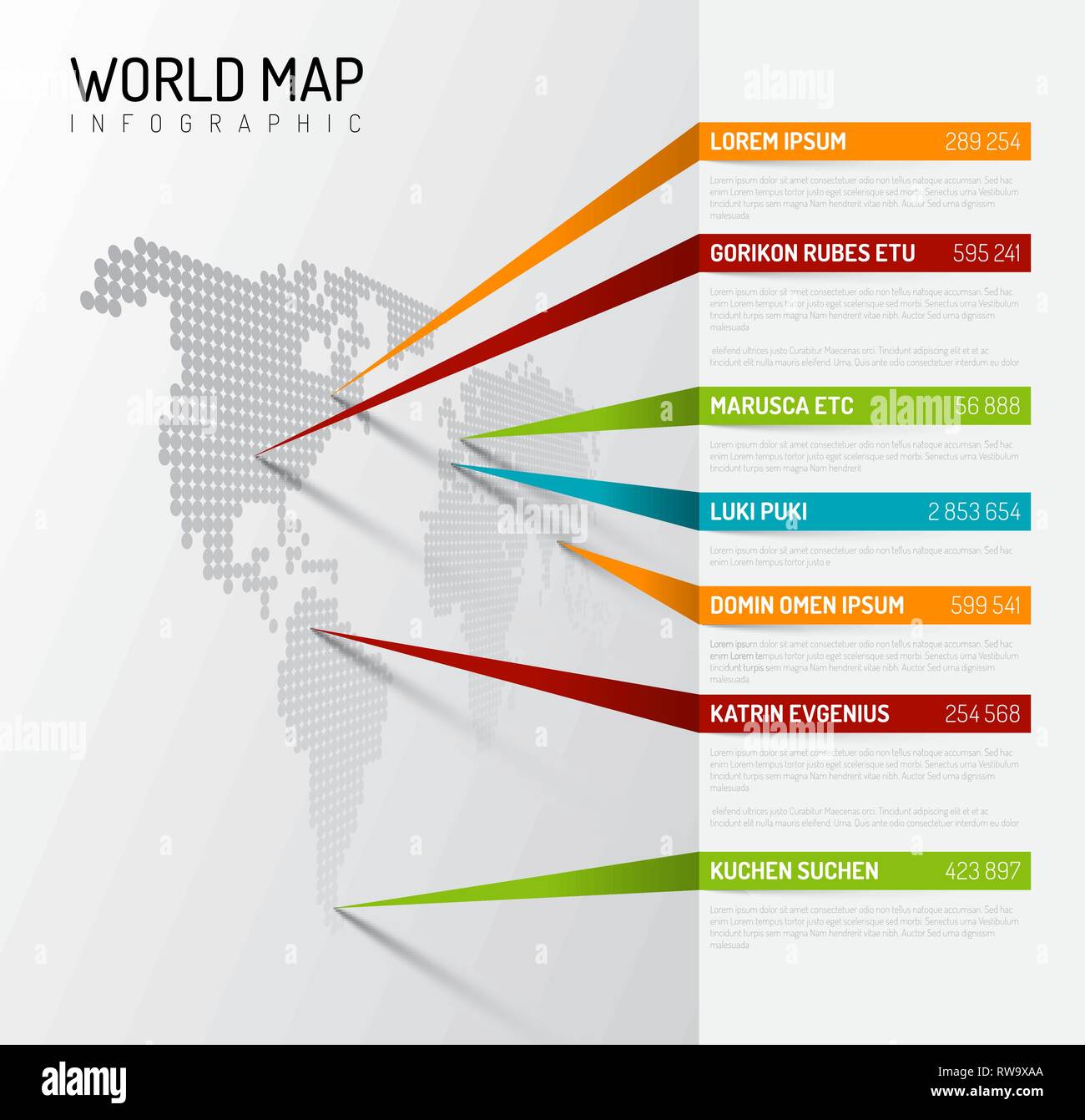 Light World map infographic template with pointer marks (vertical on the wall version Stock ...