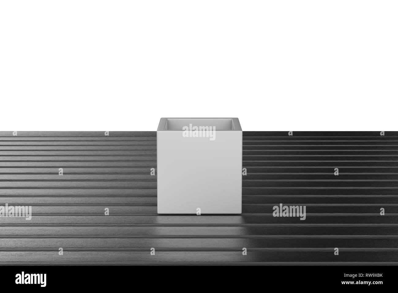 Side view of open blank empty box on wooden table, isolated on white ...