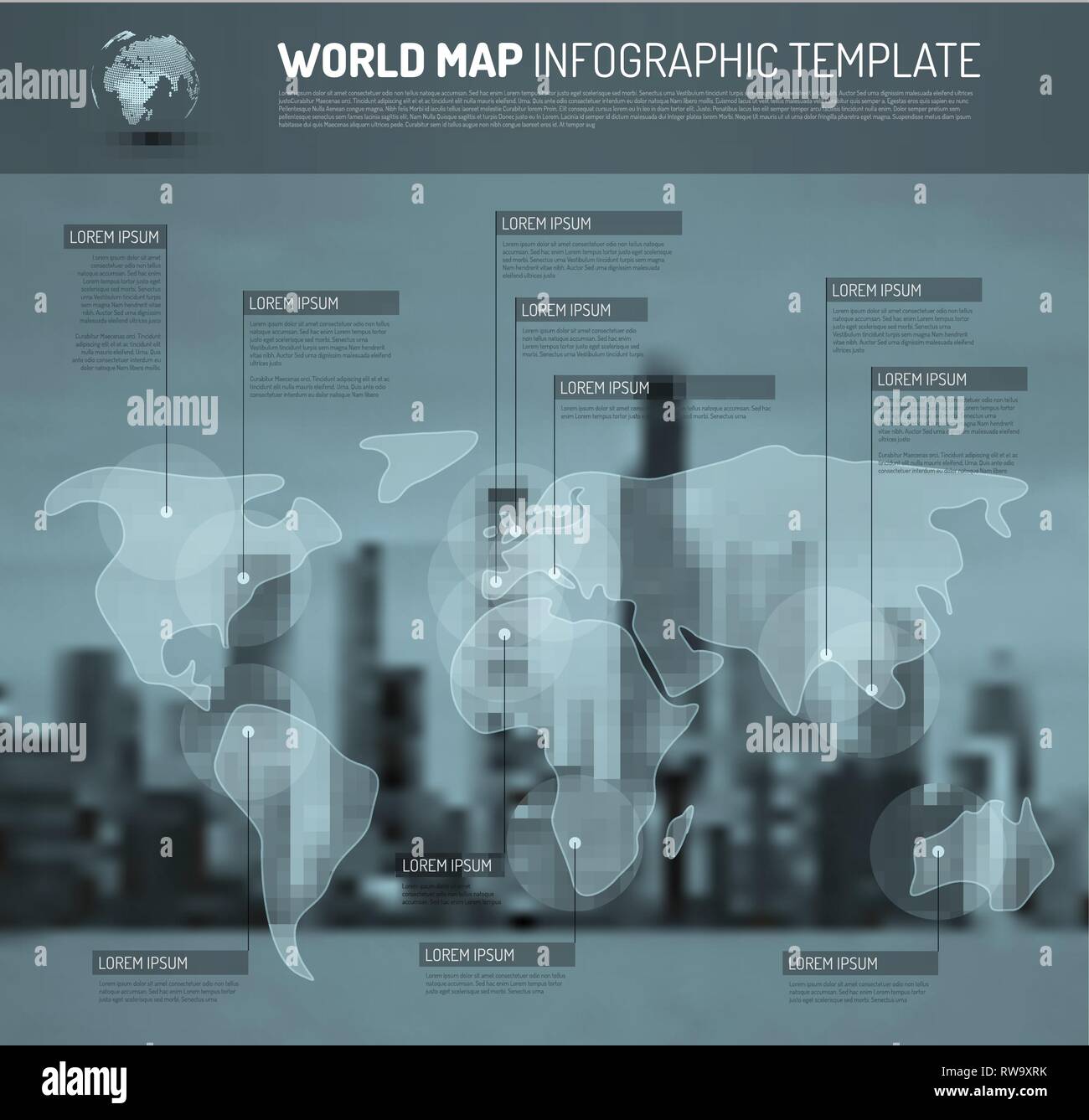 Light World map with pointer marks (flags) - communication concept, with city blurred background ...