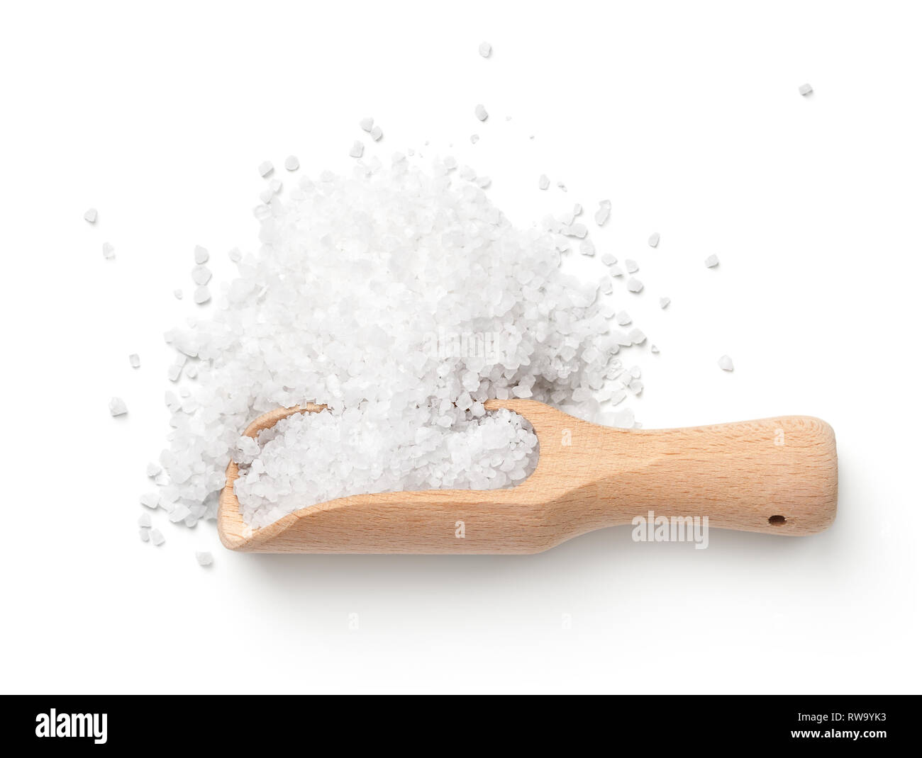 Salt with wooden scoop isolated on white background. Top view Stock ...