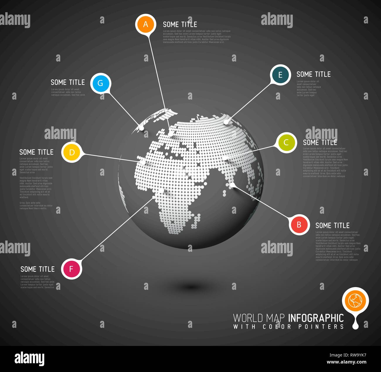 World map globe with pointer marks - communication concept - dark version Stock Vector Image ...