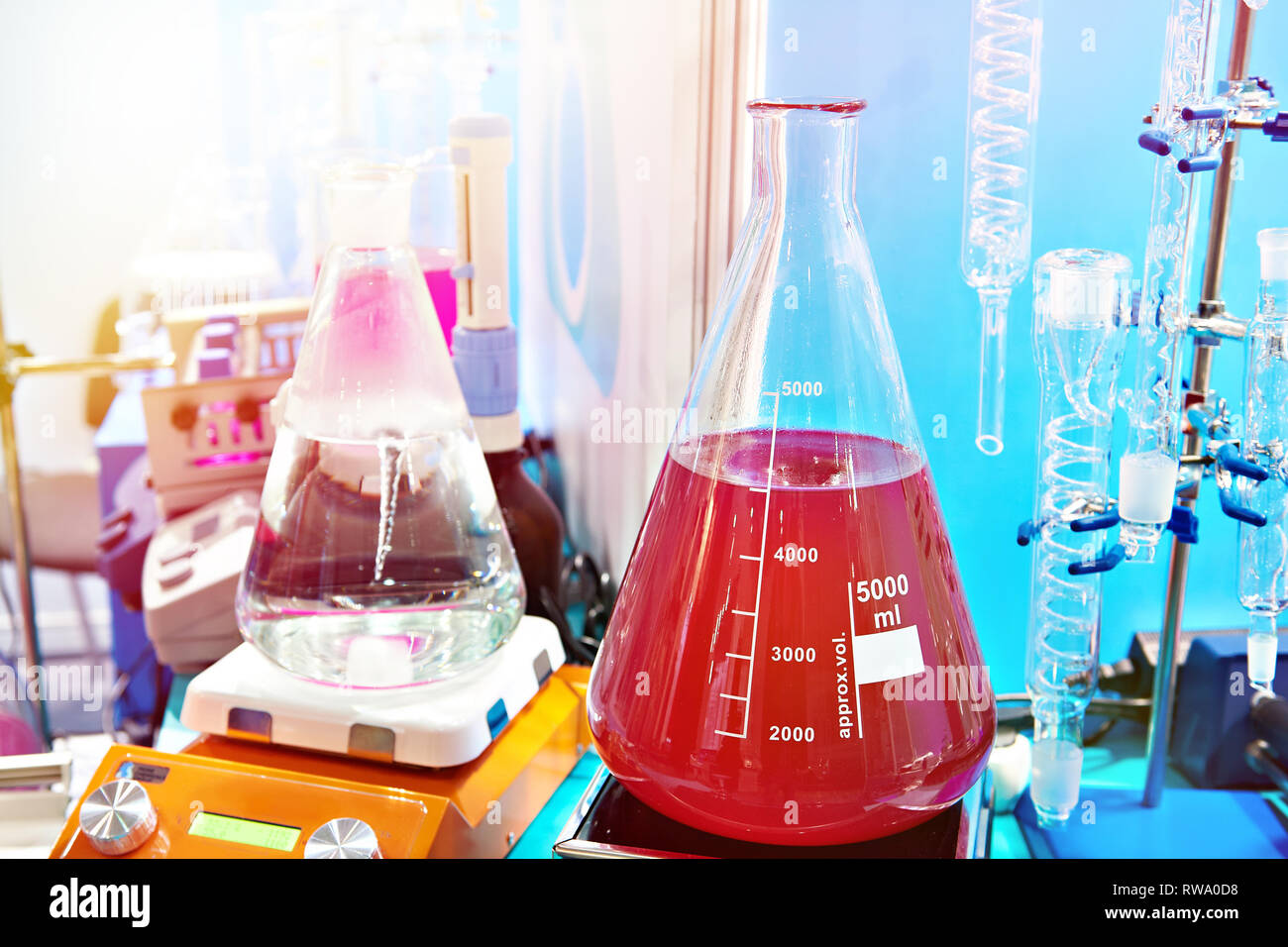 Flasks and shakers in the chemical laboratory with samples Stock Photo ...