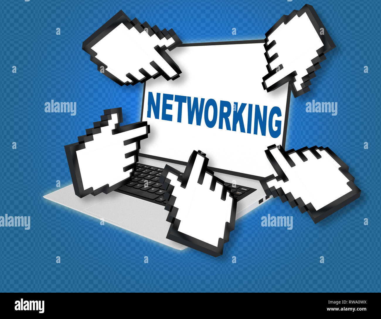 3D illustration of NETWORKING script with pointing hand icons pointing ...