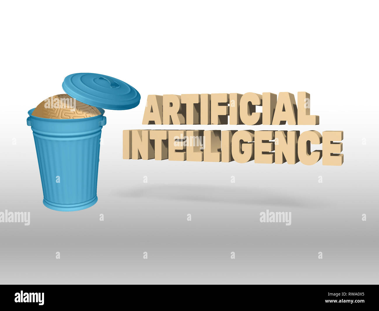 3D render illustration of trash can containing human brain, replaced by ...