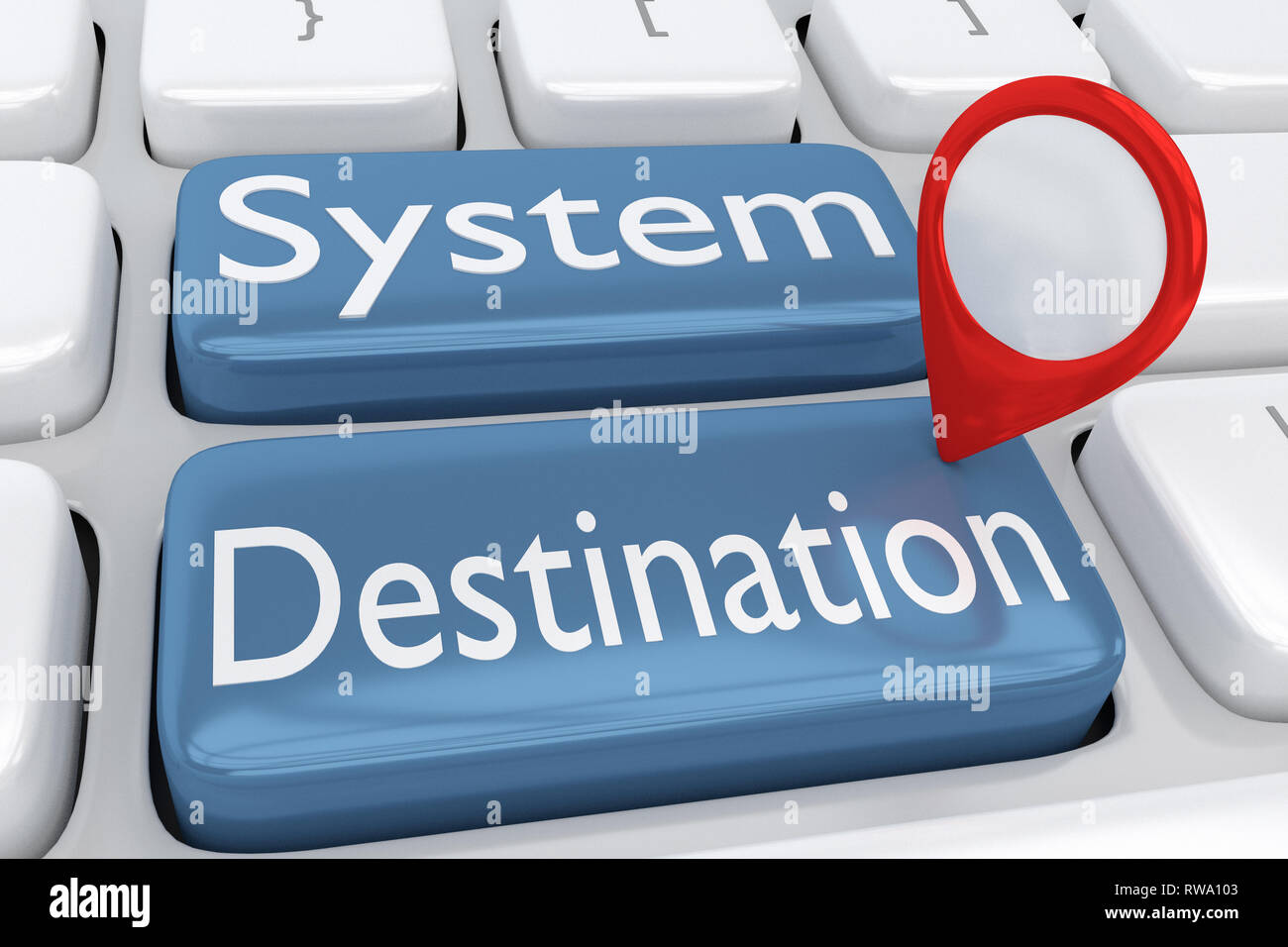 3D illustration illustration of computer keyboard with the script System Destinationon two ...