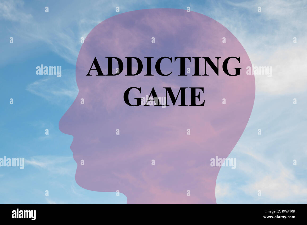 Render illustration of ADDICTING GAME title on head silhouette, with ...