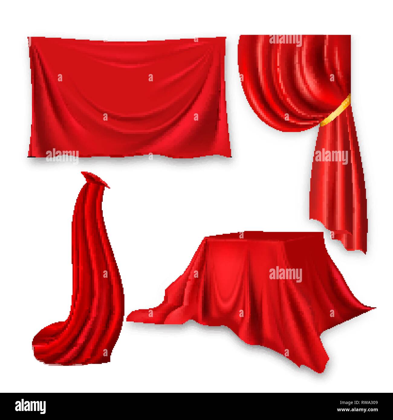 Red Silk Cloth Set Vector. Fabric Cloth Waving Shape. For Presentation ...