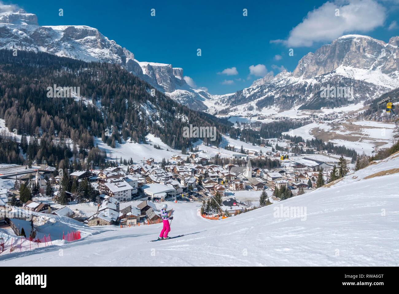 Ski area with view of Corvara, Dolomites, South Tyrol, Italy Stock ...