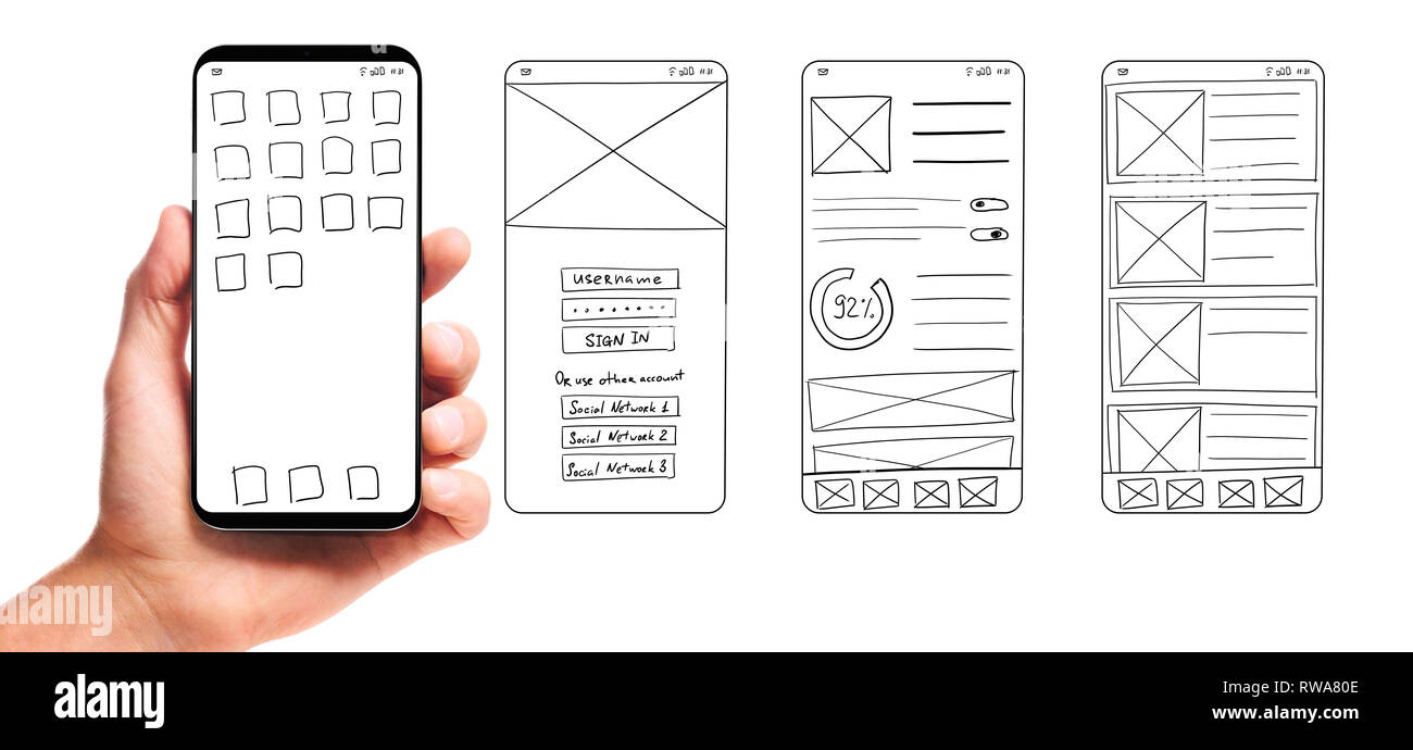 UI development. Male hand holding smartphone with wireframed user interface screen prototypes of ...