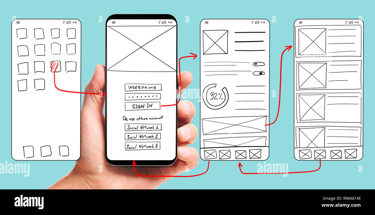UI development. Male hand holding smartphone with wireframed user ...