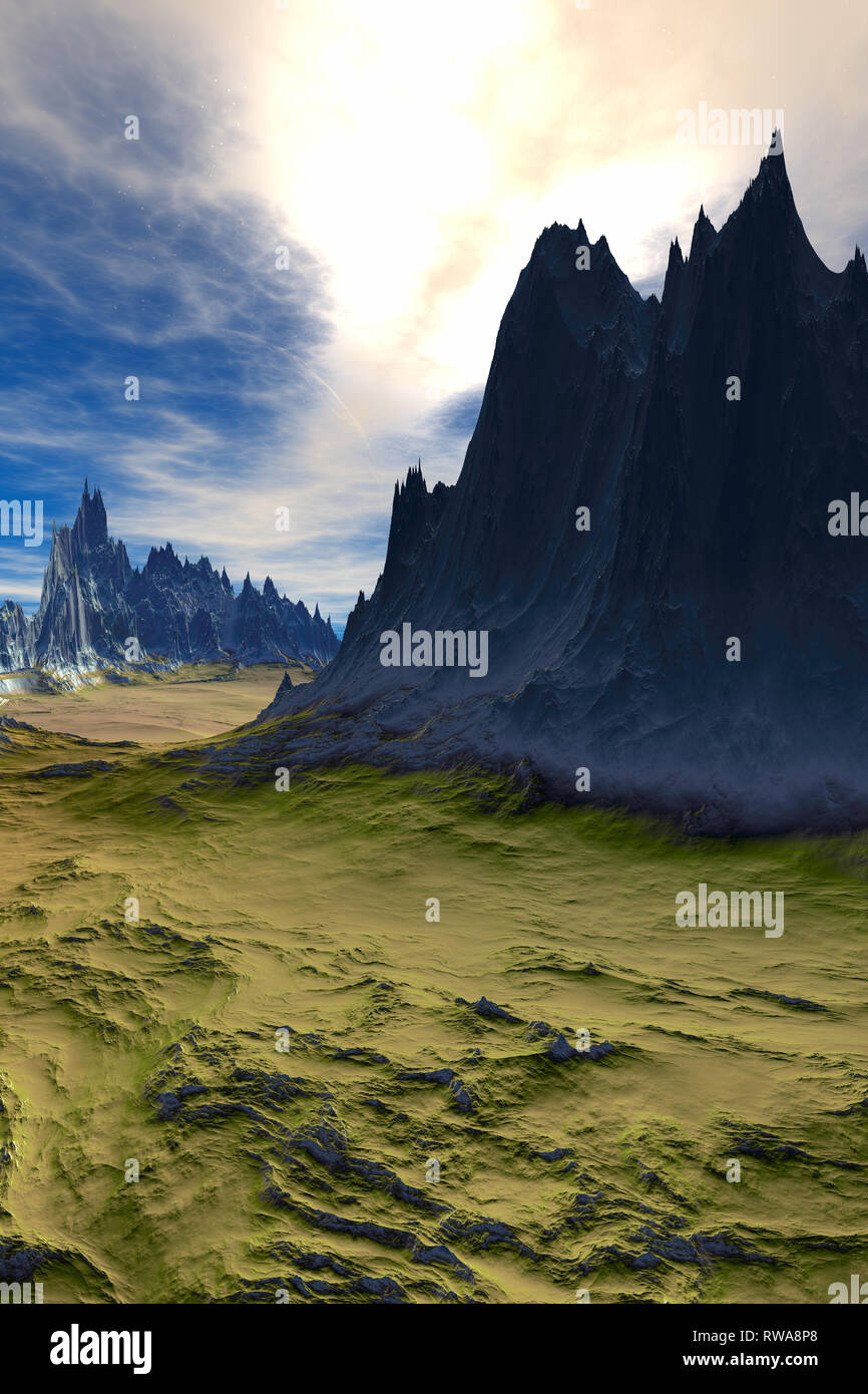Fantasy alien planet. Mountain. 3D illustration Stock Photo - Alamy