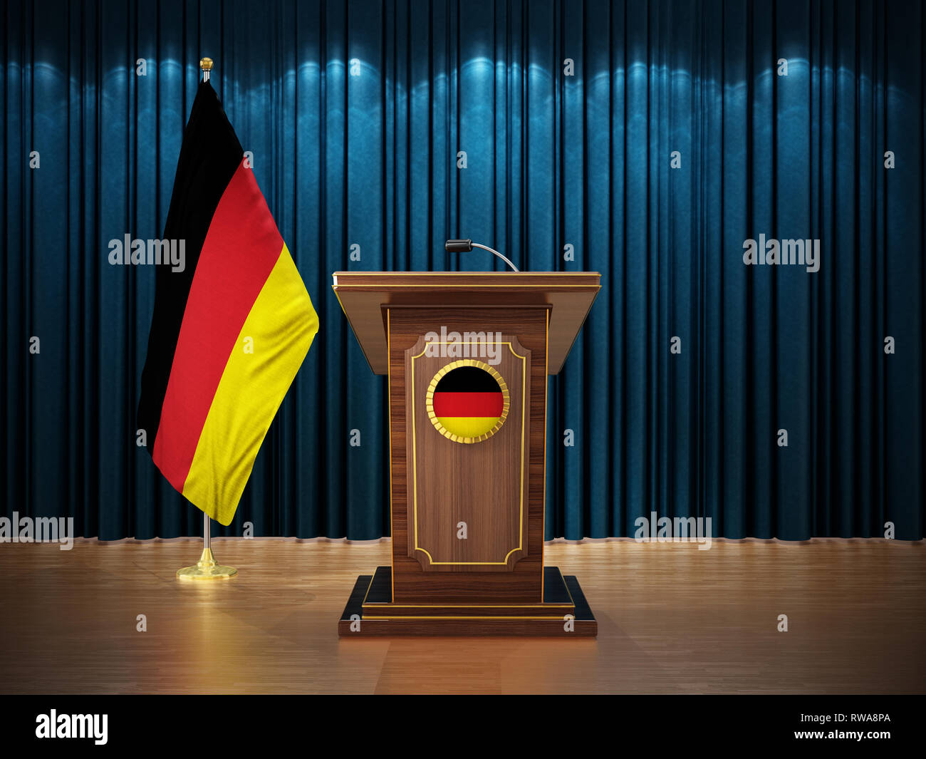 Press conference with flags of Germany and lectern against the blue ...