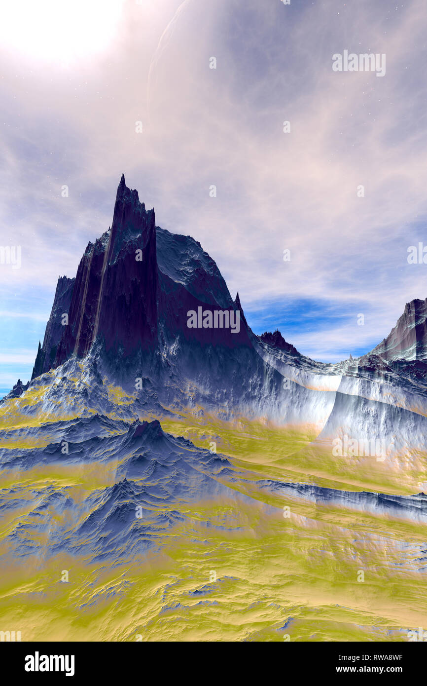 Fantasy alien planet. Mountain. 3D illustration Stock Photo - Alamy
