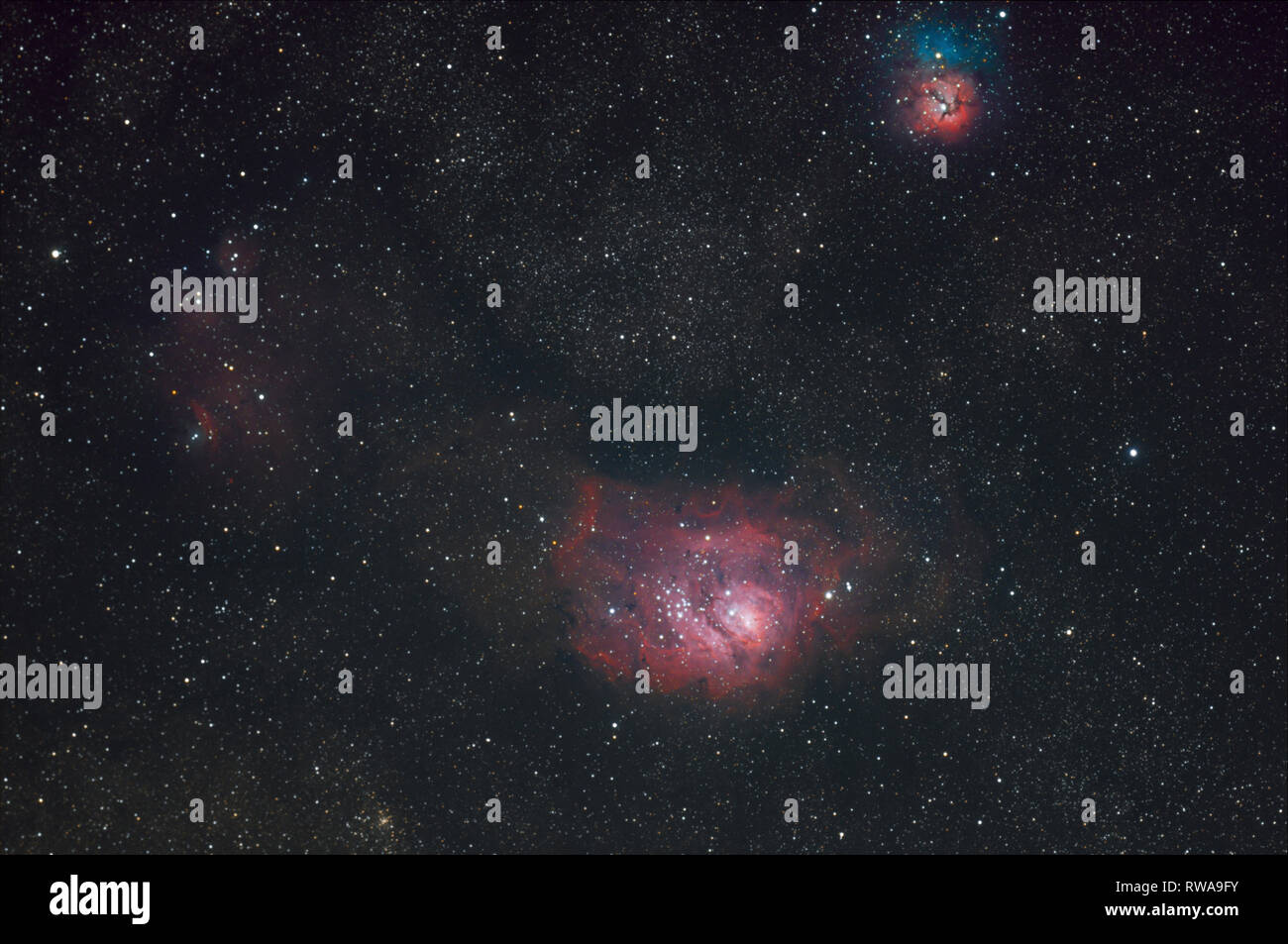 Messier 8 Lagoon nebula and Messier 20 Trifid nebula taken with dedicated astrophotography ...