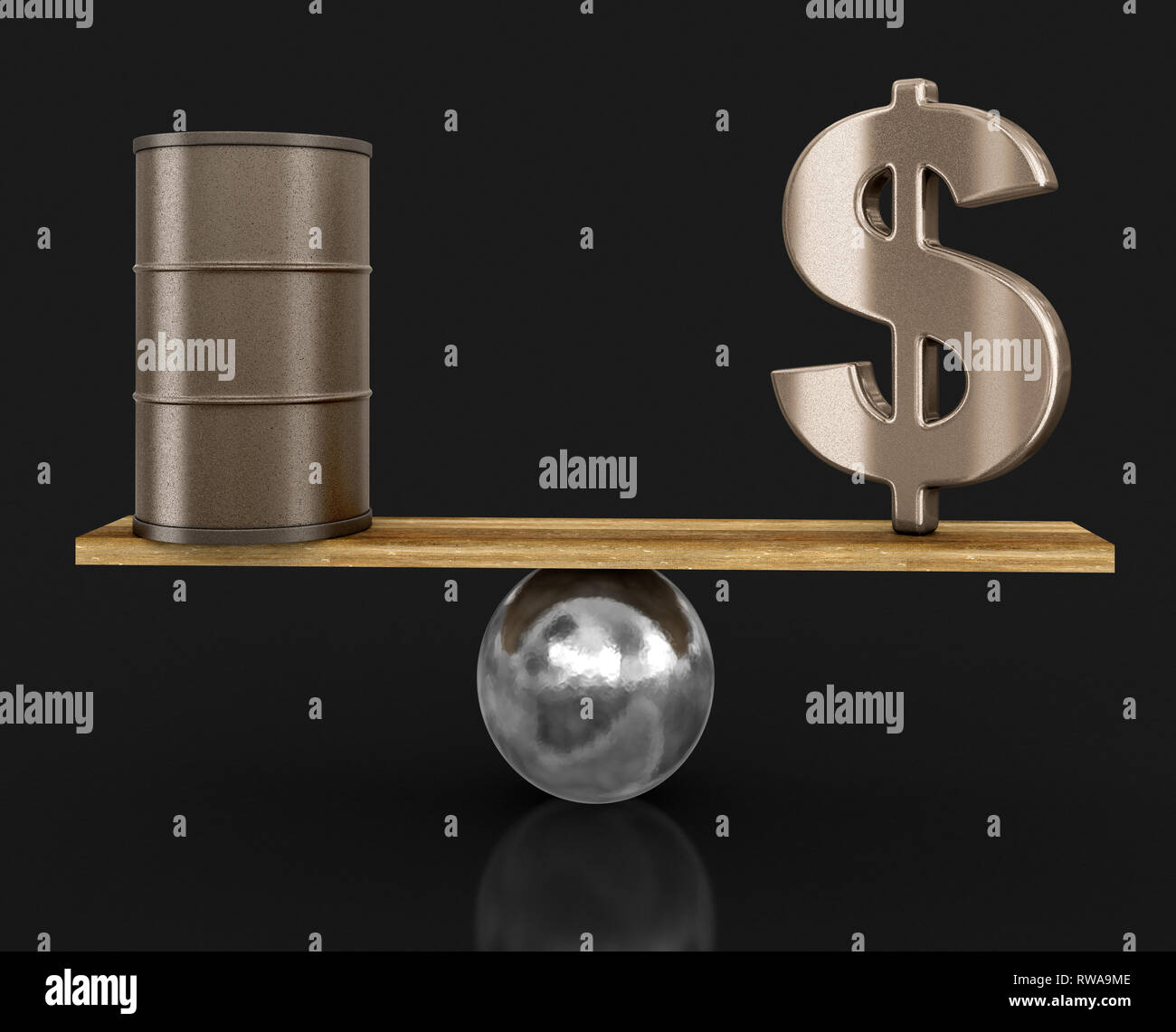 Oil barrel and dollar sign balanced on plank. Image with clipping path ...
