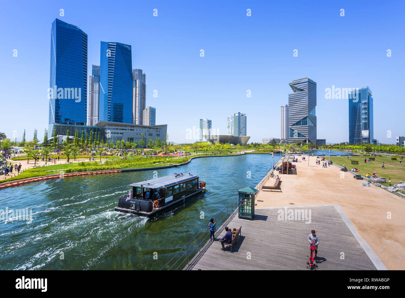 Incheon, South Korea - May 05, 2015: People are riding a tourist boat ...