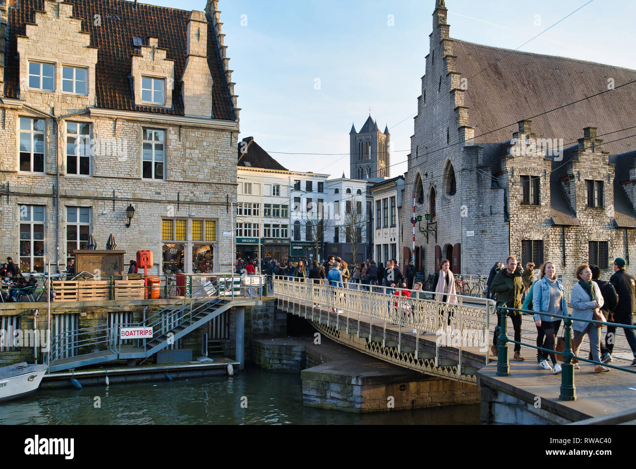 GENT, BELGIUM - FEBRUARY 17, 2019: Bridge over the canal of the Lys ...