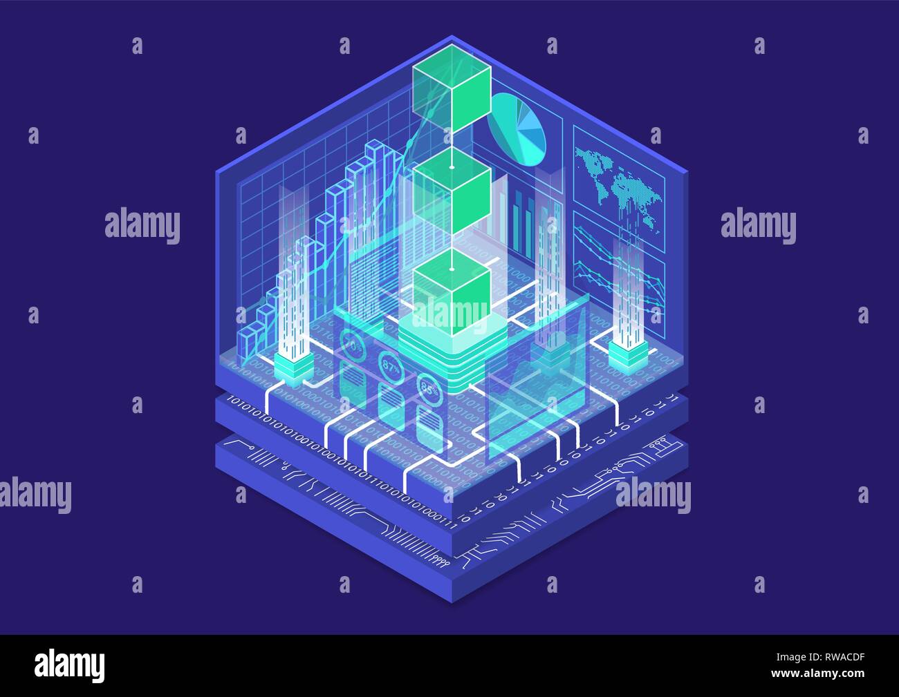 Blockchain concept with symbol of floating blocks as isometric 3d ...