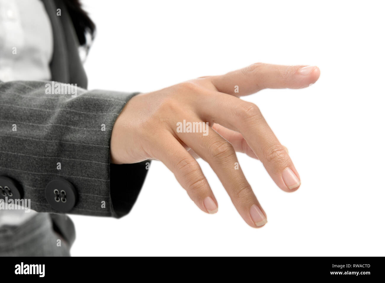 Close up view of business woman fingers touch something isolated over ...