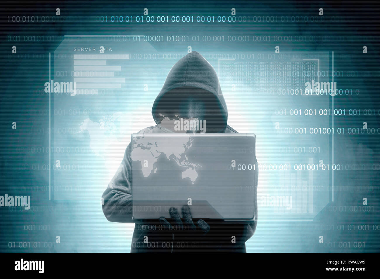 Hacker in black hoodie holding laptop with virtual display server data ...