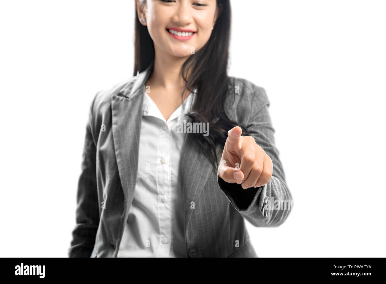 Young asian business woman touch something with her finger hand ...