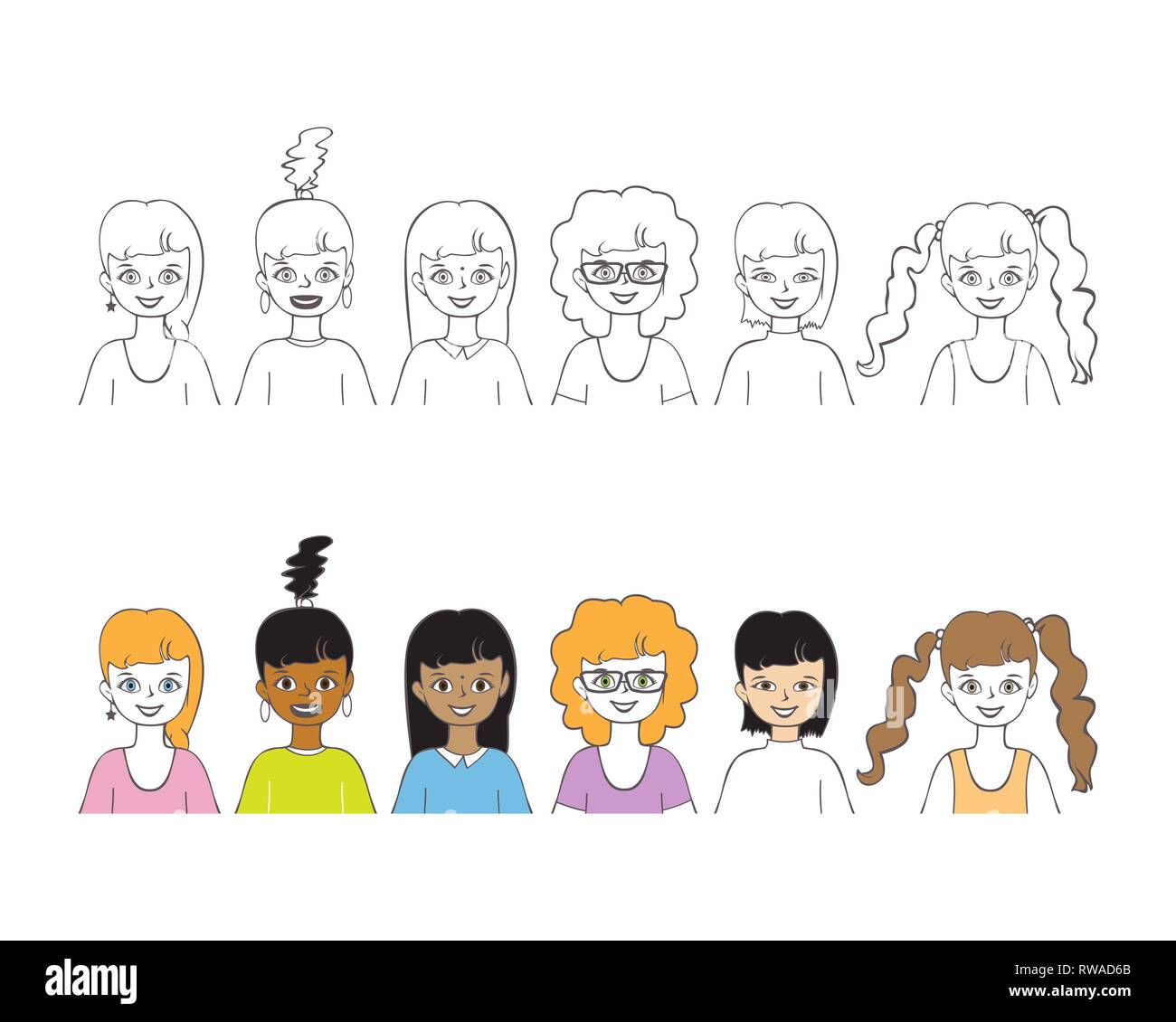 Set of cute girls hand drawn outline style design vector illustration ...
