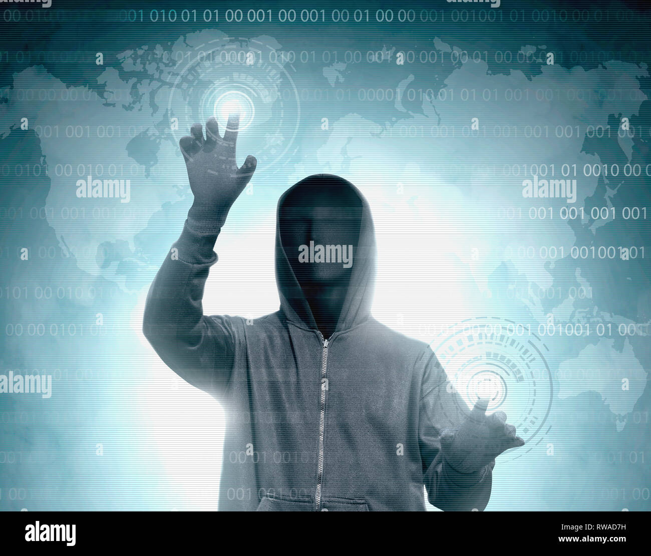 Hacker In Black Hoodie Touching Virtual Screen With Binary Code And World Map Background Stock